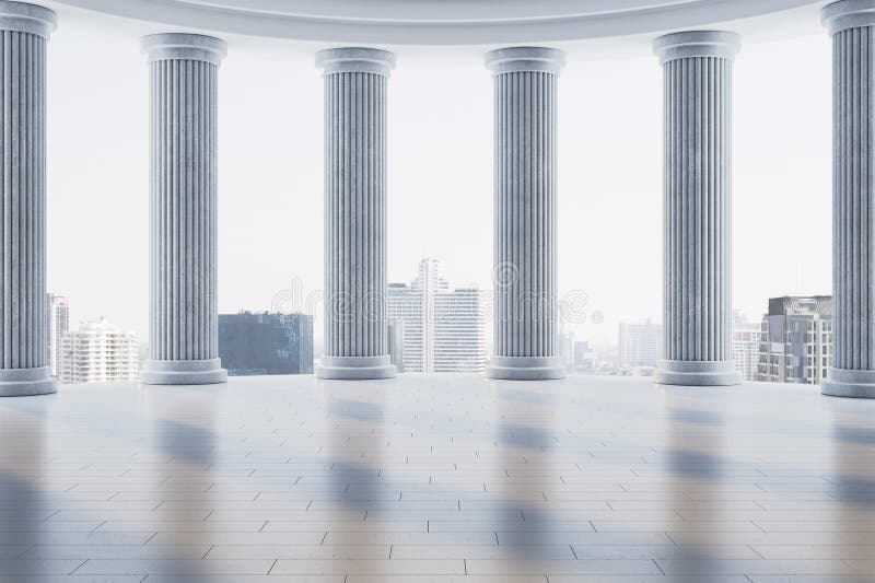 Classical Colonnade Interior with Marble Columns and Modern Cityscape ...