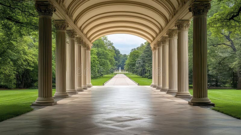 Classical Colonnade Leading To Tree Lined Pathway in a Formal Garden ...