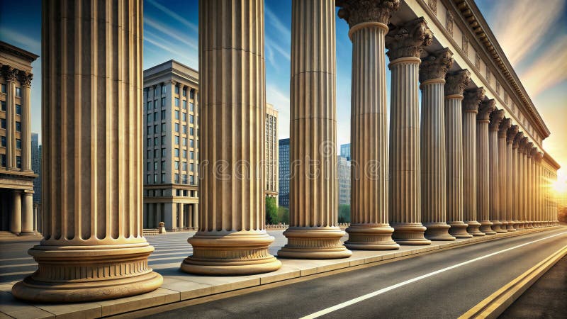 Classical Columns Cityscape Perspective, Doric Order, Sunset Stock ...