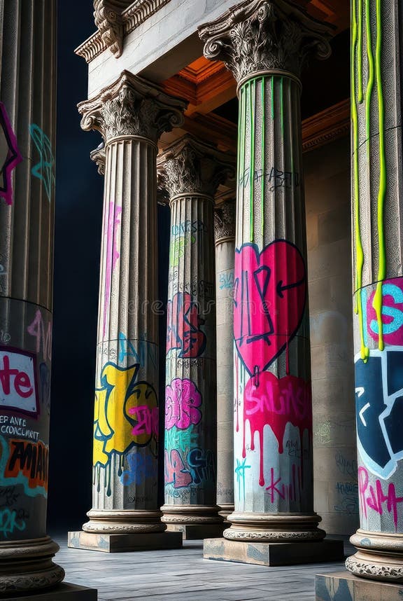 Classical Columns Covered with Fluorescent Graffiti Stock Illustration ...