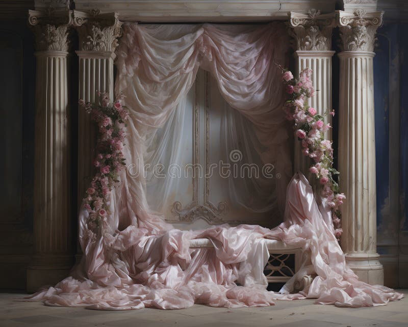 Elegant Draped Silk on Classical Columns with Pink Roses Stock Image ...