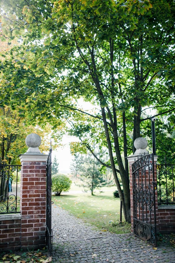 Classical Design Black Wrought Iron Gate in a Beautiful Green Garden ...