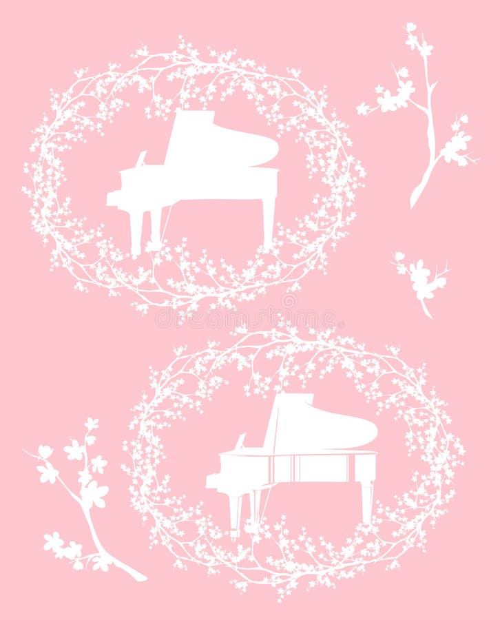 Spring Season Vector Silhouette Design with Grand Piano and Cherry Tree ...
