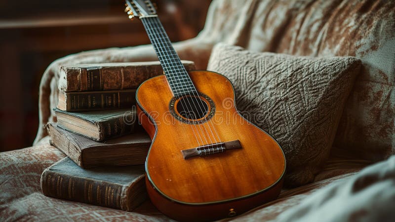 A Classical Guitar Rests upon a Pile of Old Books Stock Image - Image ...