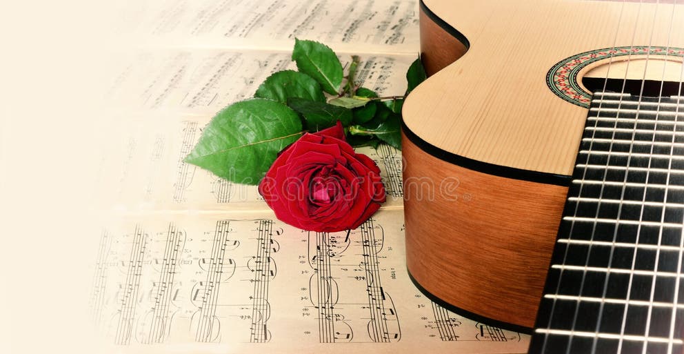 Classical guitar and rose. stock image. Image of activity - 56787081