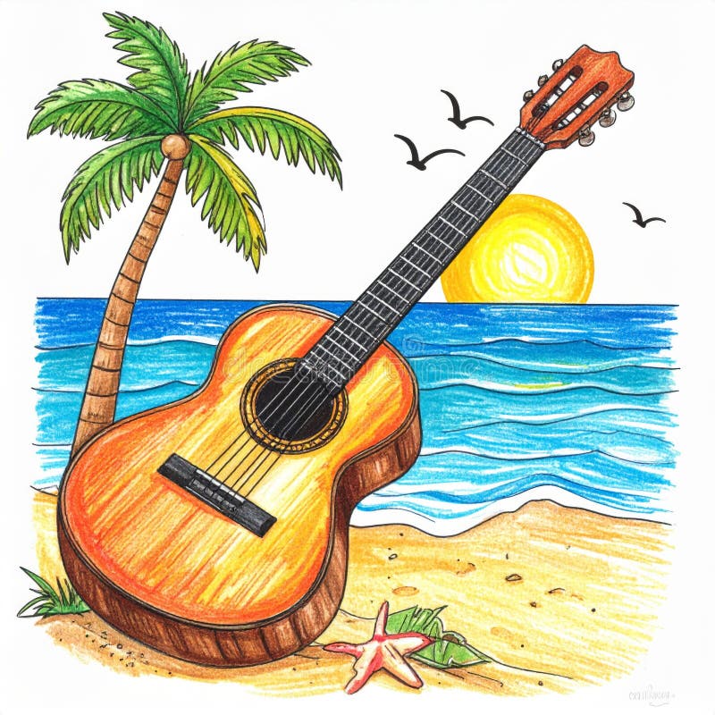 Classical Guitar on Tropical Beach Sunset Stock Illustration ...