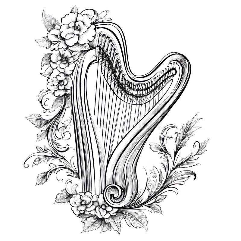 Classical Harp with Floral Ornament. Black and White Handrawn ...