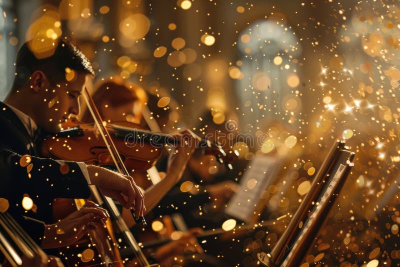 Classical Instruments Sparkling with Light As Music Notes Float in a ...