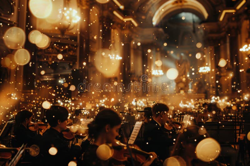 Classical Instruments Sparkling with Light As Music Notes Float in a ...