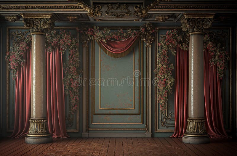 Classical Interior with Columns and Floral Drapes Stock Photo - Image ...