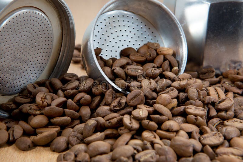Classical Italian Coffee Maker Pot with Coffee Beans Stock Image ...