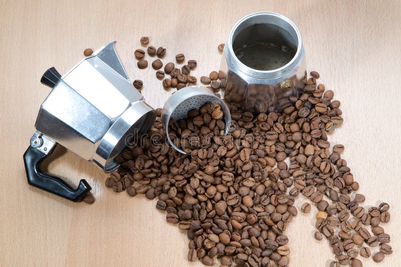 Classical Italian Coffee Maker Pot with Coffee Beans Stock Photo ...