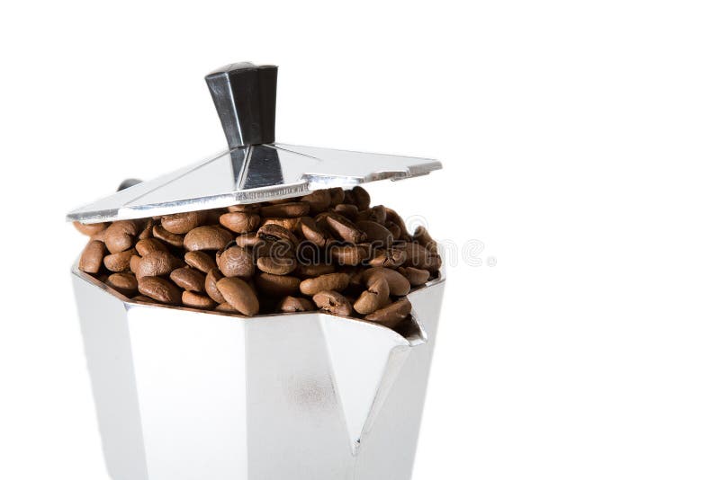 Classical Italian Coffee Maker Pot Filled with Coffee Beans Stock Photo ...