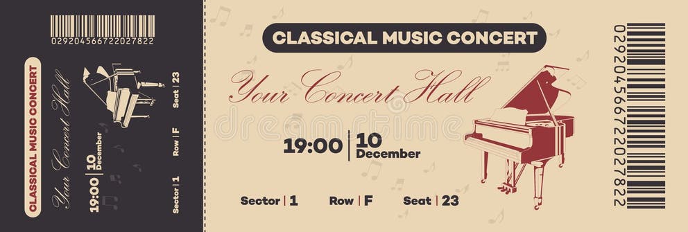 Classical or Jazz Music Concert Ticket Template with Barcode. Piano and ...