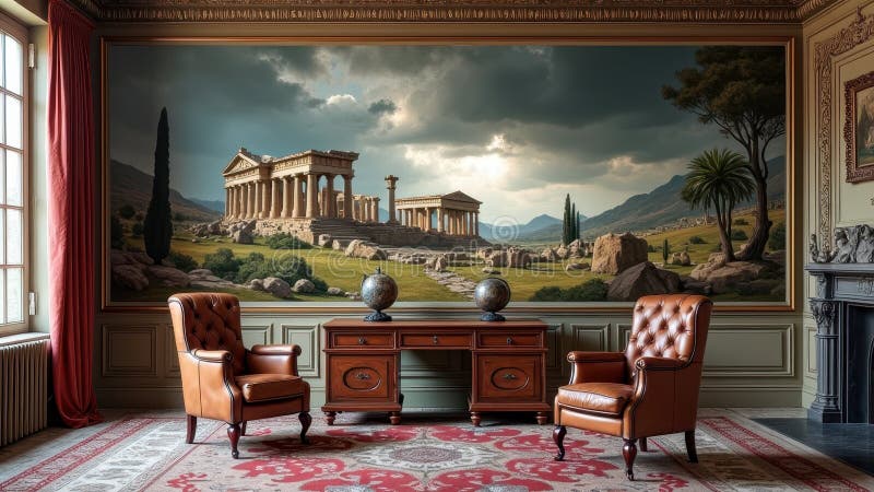 Classical Landscape Mural in Elegant Study Room with Leather Armchairs ...