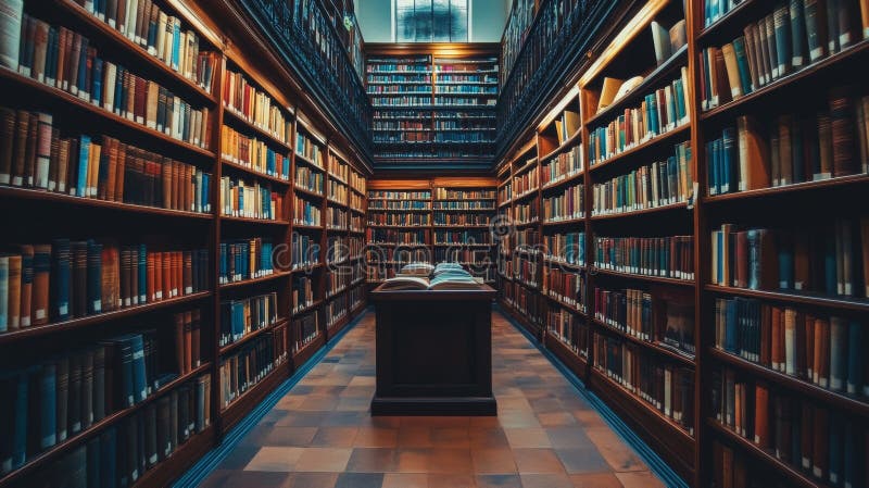 Classical Library Interior with Wooden Shelves Full of Books Stock ...