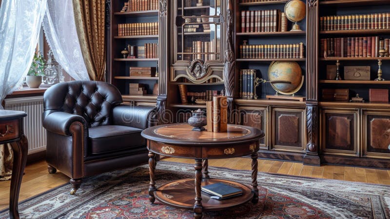 Classical Library Room with Leather Armchair, Wooden Table and Bookcase ...