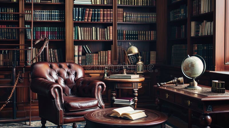 Classical Library Room with Leather Armchair, Wooden Table and Bookcase ...