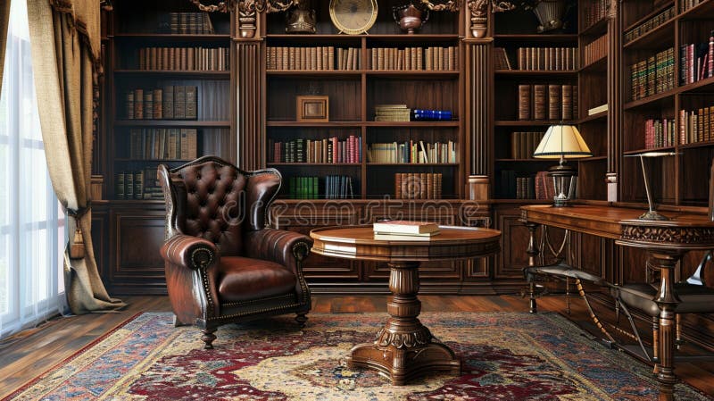 Classical Library Room with Leather Armchair, Wooden Table and Bookcase ...