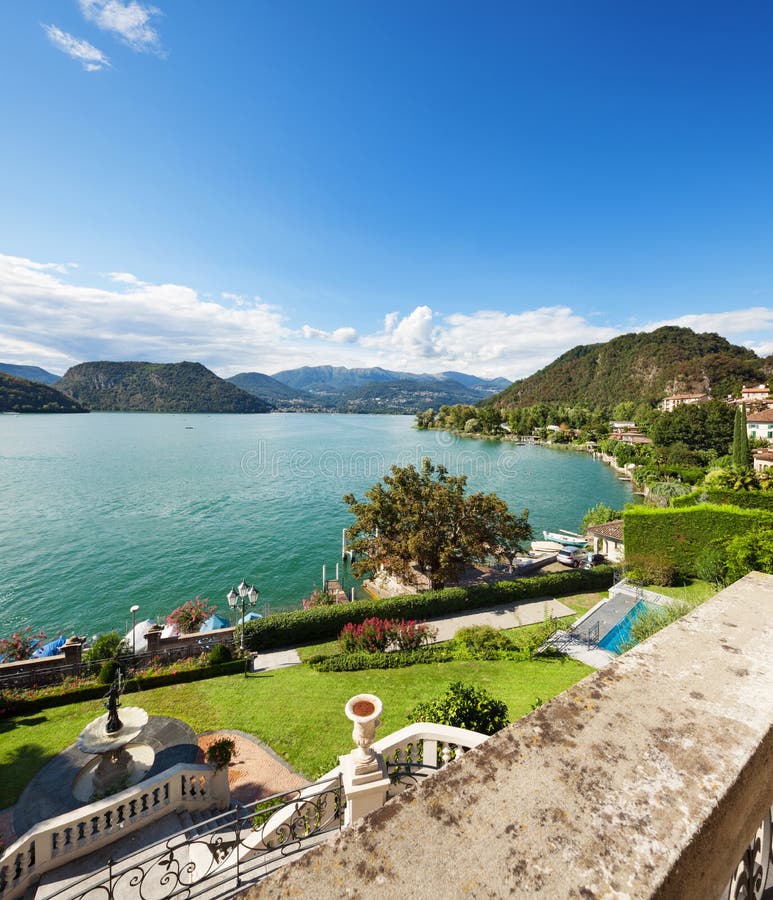 Classical Mansion with Garden Stock Photo - Image of blue, stairway ...