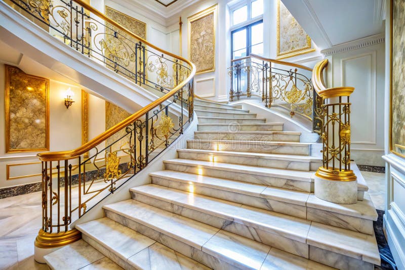 Classical Marble Stairs with Golden Handrail Stock Illustration ...