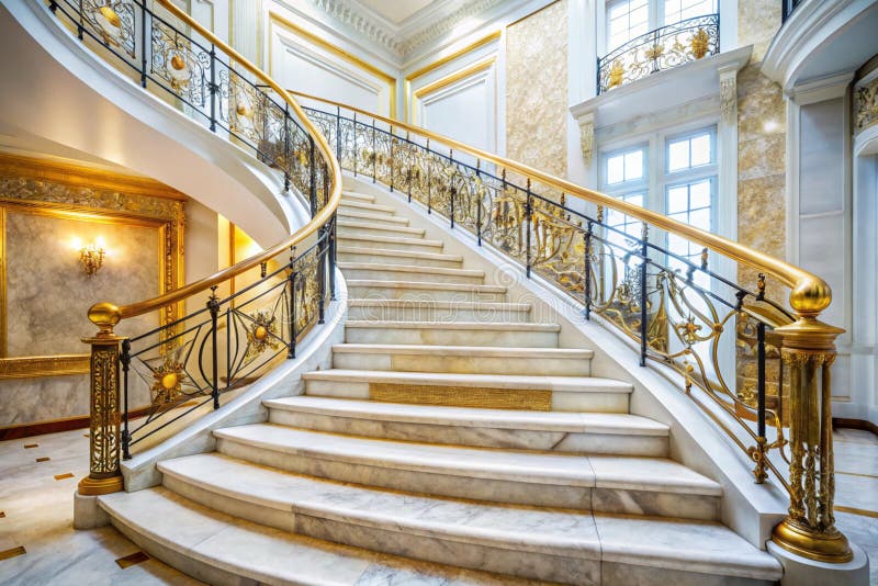 Classical Marble Stairs with Golden Handrail Stock Illustration ...