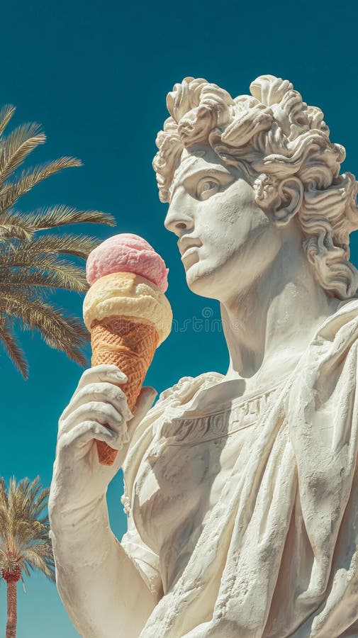 Classical Marble Statue Holding Ice Cream Cone Under Palm Trees and ...