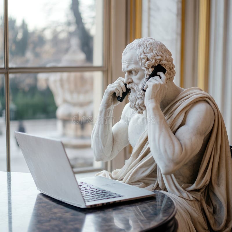 A Classical Marble Statue of a Philosopher Talking on Two Mobile Phones ...