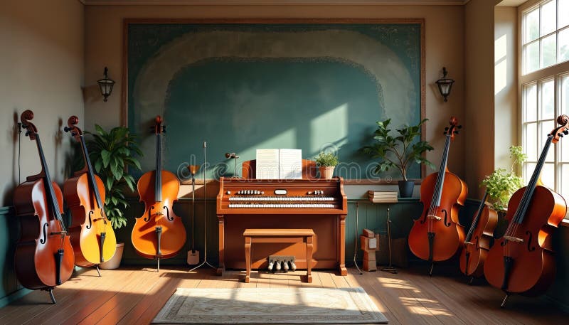 Classical Music Room Interior with Cello and Organ Instruments. Sheet ...
