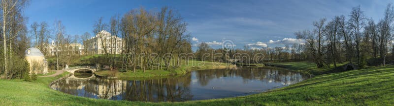 Spring park panorama stock image. Image of river, bridge - 113451659