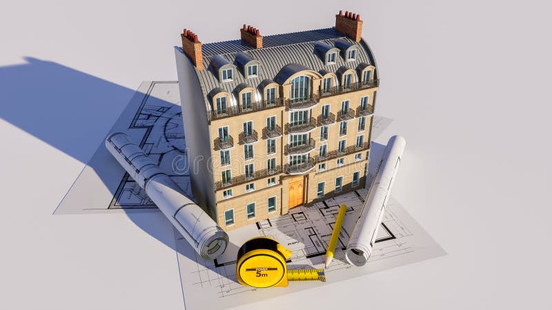 Classical Parisian Building on Top of Blueprints Stock Illustration ...