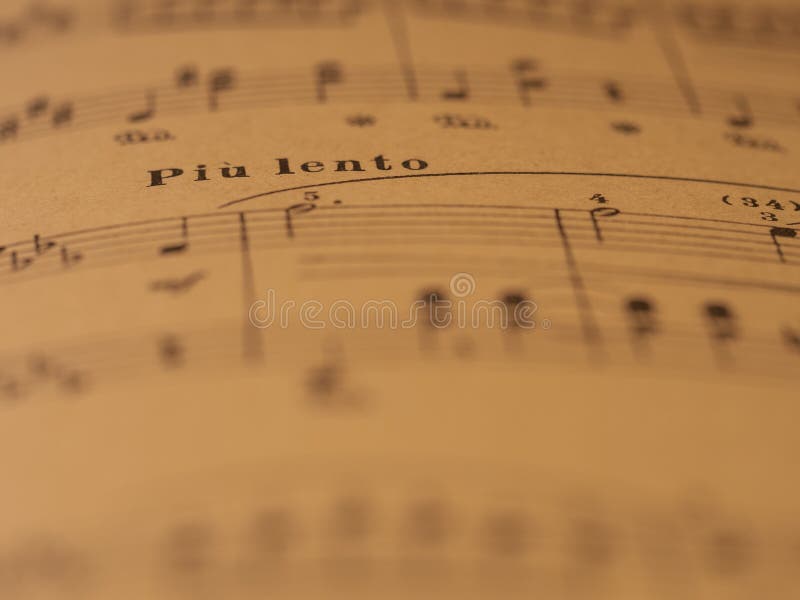 Classical Print Piano Score with Piu Lento Mark Stock Image - Image of ...
