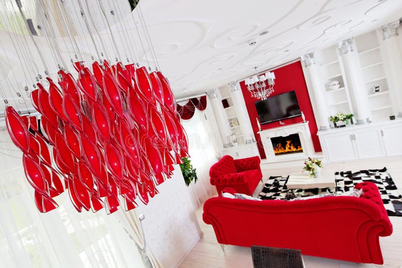 Classical Red Living Room Interior with Fire Place and Beautiful Stock ...