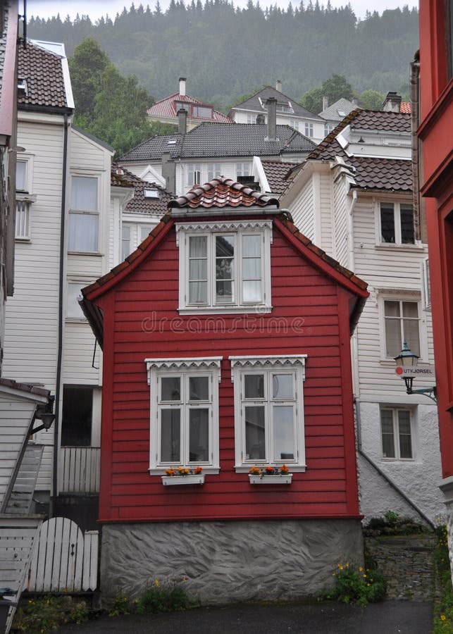Classical Red Norwegian Wooden House, Scandinavia Stock Image - Image ...