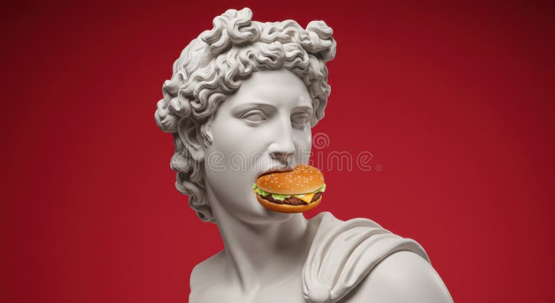 Classical Sculpture with Modern Fast Food Surprise on Bold Red ...