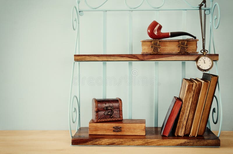 Classical Shelf with Vintage Male Objects Stock Photo - Image of father ...