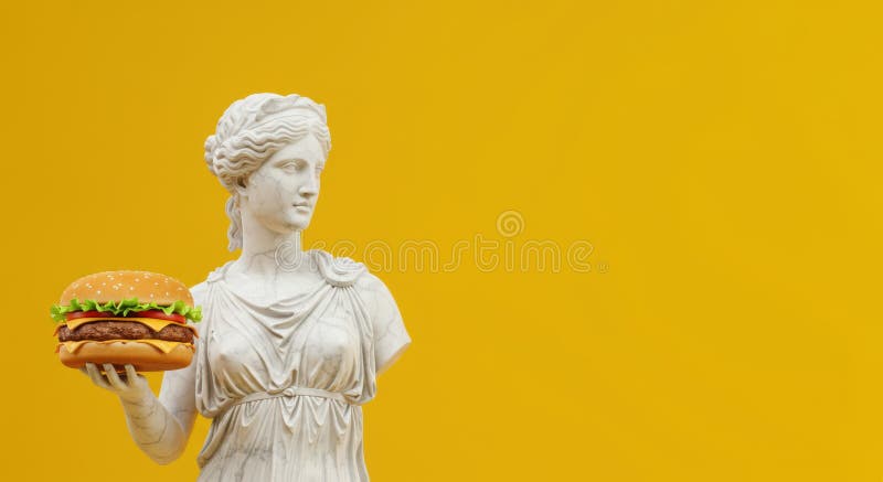 Classical Statue Holding Burger Against Vibrant Yellow Background Stock ...