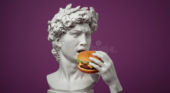 Classical Statue Humorously Consuming Burger Against Purple Backdrop ...