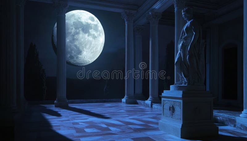 Moonlit Courtyard with Classical Statue Under a Full Moon at Night ...