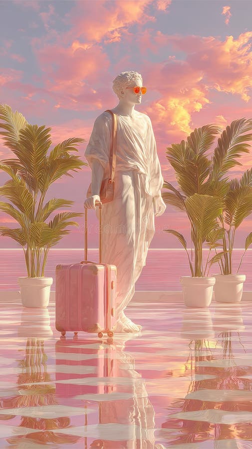 Classical Statue in Surreal Sunset Scene with Luggage and Palm Trees ...