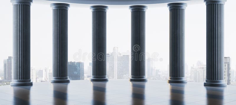 Classical Stone Columns with City Skyline in Background in Modern ...