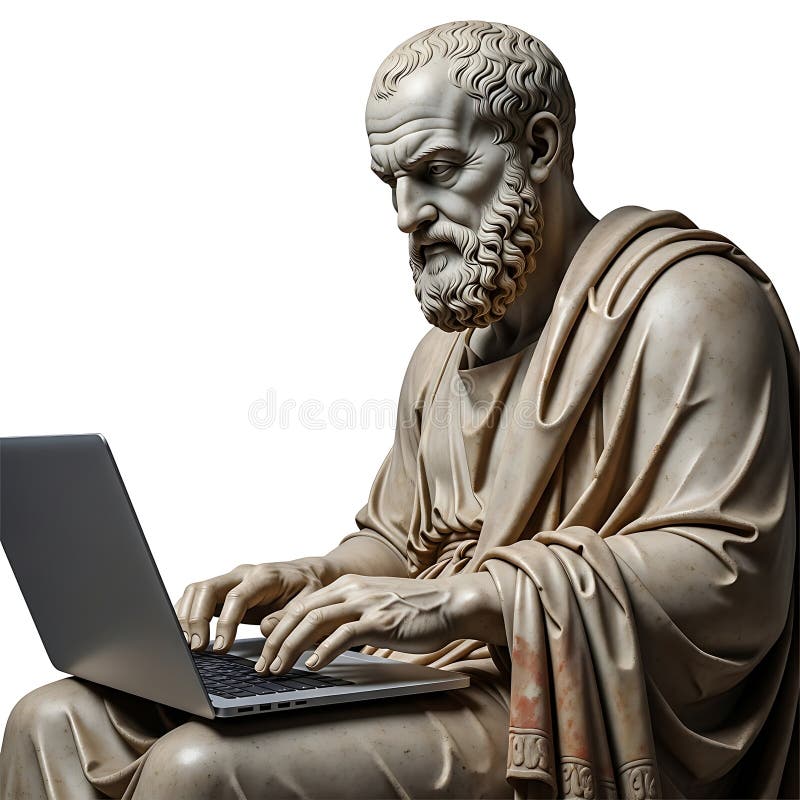 Greek Sculpture with Laptop on White Background. Sculpture of Greek ...