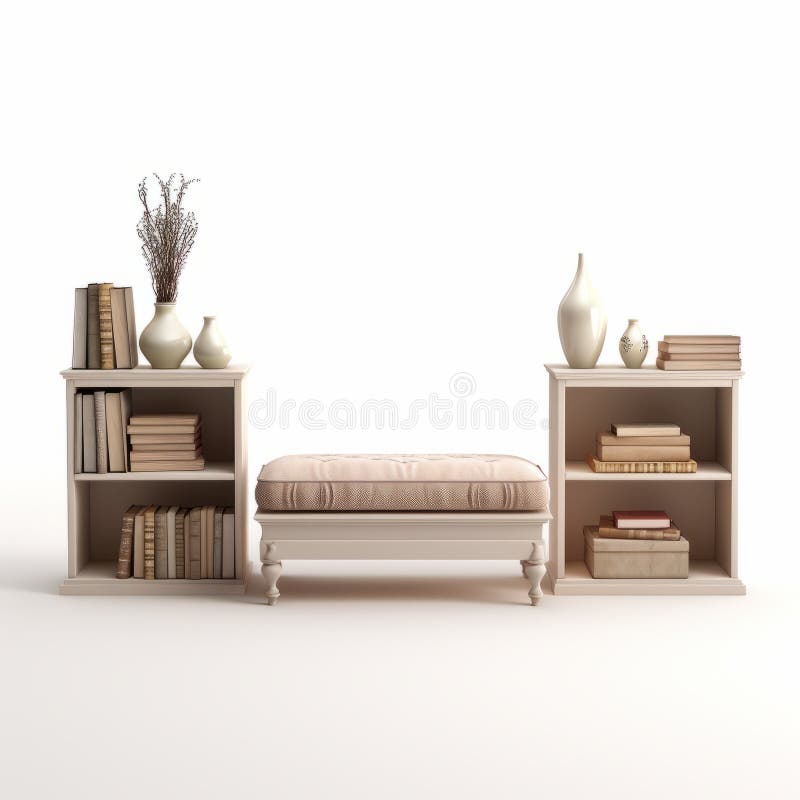 Classical Style Bookshelf with Beige Ottoman 3d Render Stock ...