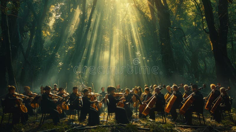 Classical Symphony Orchestra Playing Live in the Forest Stock ...