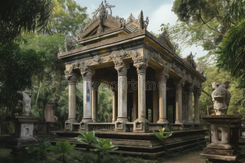 Classical Temple with Pillars and Intricate Carvings, Surrounded by ...