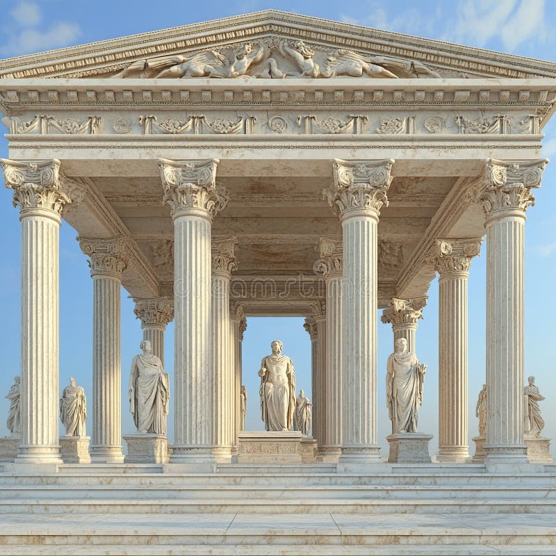 Classical Temple, Serene Sky, Statues, Architectural Design, 3D Render ...