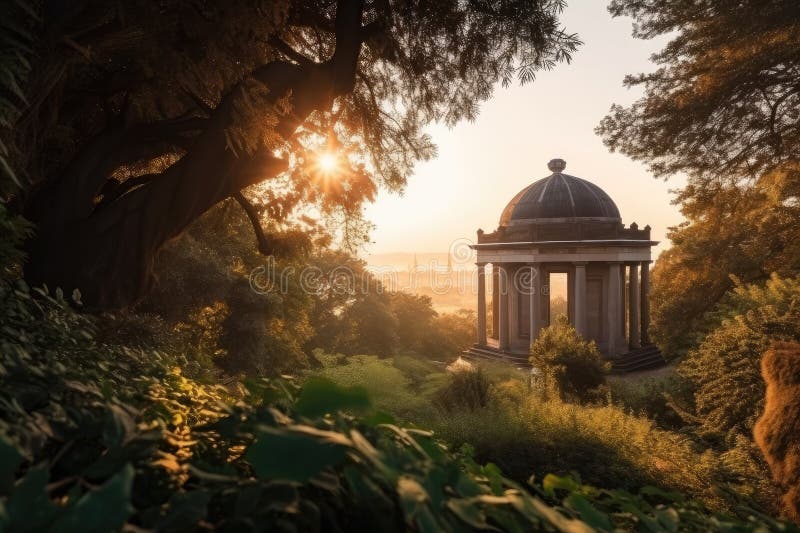 Classical Temple, Surrounded by Trees and Bushes in the Park, with View ...