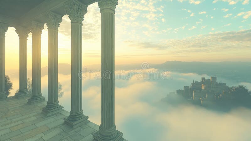 Classical Terrace Overlooking a Misty Valley at Dawn: Serene Escape ...