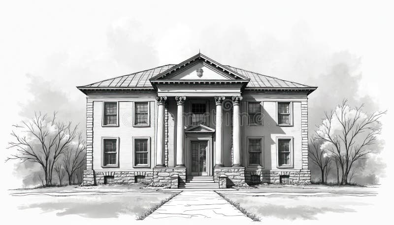 Classical University Building Sketch Features Large Windows, Stone Base ...