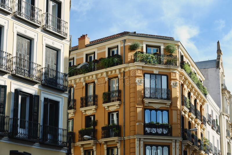 Classical Vintage Facades of Different Bright Colours Downtown Madrid ...